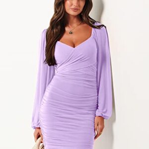 ANRABESS Women's Sexy V Neck Ruched Bodycon Mini Dress Puff Long Sleeve Cocktail Wedding Party Short Dresses 955danzi-S Purple