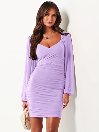 ANRABESS Women's Sexy V Neck Ruched Bodycon Mini Dress Puff Long Sleeve Cocktail Wedding Party Short Dresses 955danzi-S Purple