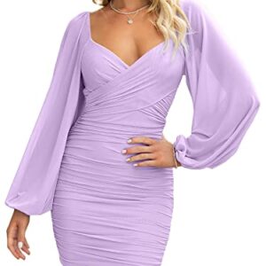 ANRABESS Women's Sexy V Neck Ruched Bodycon Mini Dress Puff Long Sleeve Cocktail Wedding Party Short Dresses 955danzi-S Purple