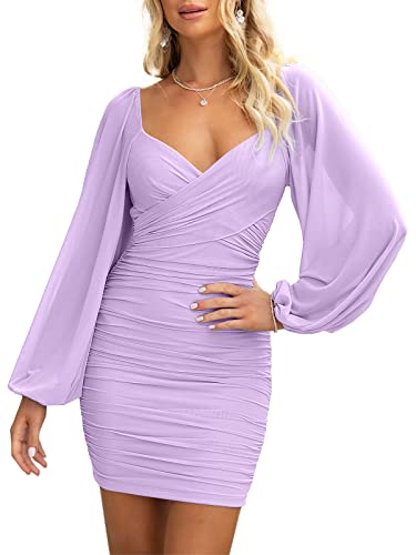 ANRABESS Women's Sexy V Neck Ruched Bodycon Mini Dress Puff Long Sleeve Cocktail Wedding Party Short Dresses 955danzi-S Purple