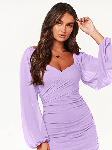 ANRABESS Women's Sexy V Neck Ruched Bodycon Mini Dress Puff Long Sleeve Cocktail Wedding Party Short Dresses 955danzi-S Purple