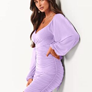 ANRABESS Women's Sexy V Neck Ruched Bodycon Mini Dress Puff Long Sleeve Cocktail Wedding Party Short Dresses 955danzi-S Purple