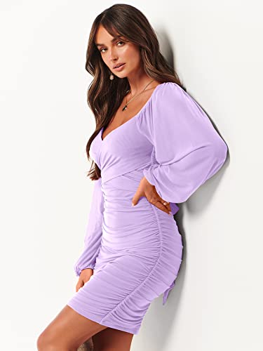 ANRABESS Women's Sexy V Neck Ruched Bodycon Mini Dress Puff Long Sleeve Cocktail Wedding Party Short Dresses 955danzi-S Purple