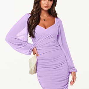 ANRABESS Women's Sexy V Neck Ruched Bodycon Mini Dress Puff Long Sleeve Cocktail Wedding Party Short Dresses 955danzi-S Purple