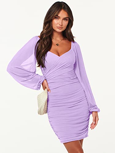 ANRABESS Women's Sexy V Neck Ruched Bodycon Mini Dress Puff Long Sleeve Cocktail Wedding Party Short Dresses 955danzi-S Purple