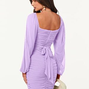 ANRABESS Women's Sexy V Neck Ruched Bodycon Mini Dress Puff Long Sleeve Cocktail Wedding Party Short Dresses 955danzi-S Purple