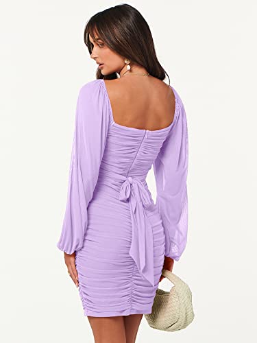 ANRABESS Women's Sexy V Neck Ruched Bodycon Mini Dress Puff Long Sleeve Cocktail Wedding Party Short Dresses 955danzi-S Purple