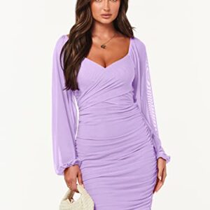 ANRABESS Women's Sexy V Neck Ruched Bodycon Mini Dress Puff Long Sleeve Cocktail Wedding Party Short Dresses 955danzi-S Purple