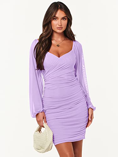 ANRABESS Women's Sexy V Neck Ruched Bodycon Mini Dress Puff Long Sleeve Cocktail Wedding Party Short Dresses 955danzi-S Purple