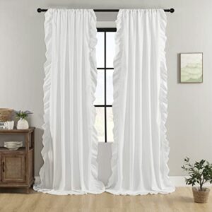 white ruffle curtains for living dining room bedroom 108 inches long 2 panels set room darkening drapes rod pocket light reducing window treatment curtains for office hallway doorway, 52''x 108'' 9ft