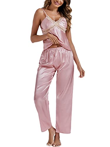 LYANER Women's Satin Silk Pajamas Set V Neck lace Trim Cami Top and Pants Sleepwear Pjs Set Pink Medium