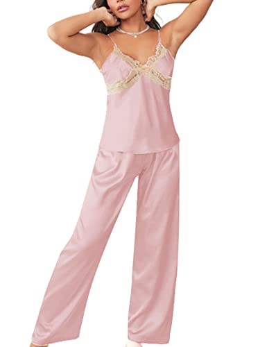 LYANER Women's Satin Silk Pajamas Set V Neck lace Trim Cami Top and Pants Sleepwear Pjs Set Pink Medium