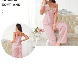 LYANER Women's Satin Silk Pajamas Set V Neck lace Trim Cami Top and Pants Sleepwear Pjs Set Pink Medium