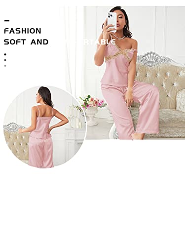 LYANER Women's Satin Silk Pajamas Set V Neck lace Trim Cami Top and Pants Sleepwear Pjs Set Pink Medium