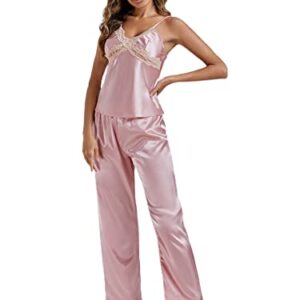 LYANER Women's Satin Silk Pajamas Set V Neck lace Trim Cami Top and Pants Sleepwear Pjs Set Pink Medium