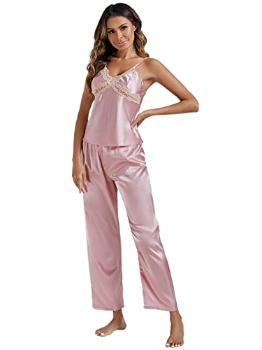 LYANER Women's Satin Silk Pajamas Set V Neck lace Trim Cami Top and Pants Sleepwear Pjs Set Pink Medium