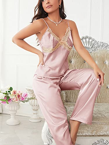 LYANER Women's Satin Silk Pajamas Set V Neck lace Trim Cami Top and Pants Sleepwear Pjs Set Pink Medium