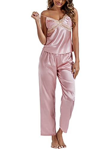 LYANER Women's Satin Silk Pajamas Set V Neck lace Trim Cami Top and Pants Sleepwear Pjs Set Pink Medium