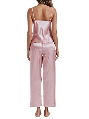 LYANER Women's Satin Silk Pajamas Set V Neck lace Trim Cami Top and Pants Sleepwear Pjs Set Pink Medium