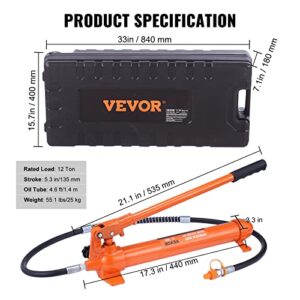 VEVOR 12 Ton Porta Power Kit, Hydraulic Ram with Pump with 4.6 ft/1.4 m Oil Hose, Portable Hydraulic Jack with Storage Case for Automotive, Garage, Farm, Mechanic (26455 LBS)