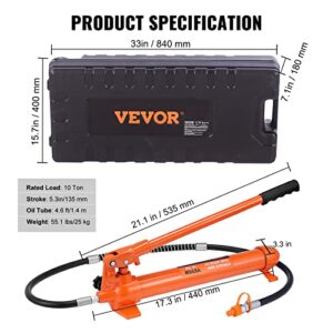 VEVOR 10 Ton Porta Power Kit, Hydraulic Ram with Pump, Car Jack with 4.6 ft/1.4 m Oil Hose, Bent Frame Repair Tool with Storage Case for Automotive, Garage, Heavy Equipment, Mechanic (22046 LBS)