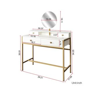 BAMACAR Makeup Vanity Desk with Mirror, 4 Drawers 3 Shelves Chair, White Vanity Mirror with Storage Desk and Chair, Bedroom Vanity, Adult Makeup Vanity, Beauty Vanity Desk with Drawers, Makeup Table