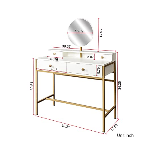 BAMACAR Makeup Vanity Desk with Mirror, 4 Drawers 3 Shelves Chair, White Vanity Mirror with Storage Desk and Chair, Bedroom Vanity, Adult Makeup Vanity, Beauty Vanity Desk with Drawers, Makeup Table