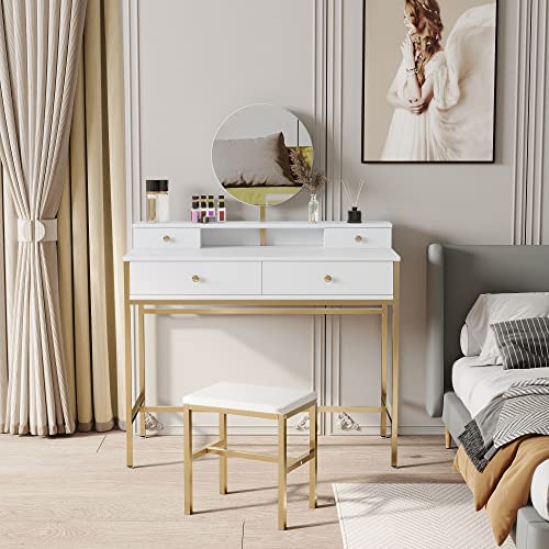 BAMACAR Makeup Vanity Desk with Mirror, 4 Drawers 3 Shelves Chair, White Vanity Mirror with Storage Desk and Chair, Bedroom Vanity, Adult Makeup Vanity, Beauty Vanity Desk with Drawers, Makeup Table