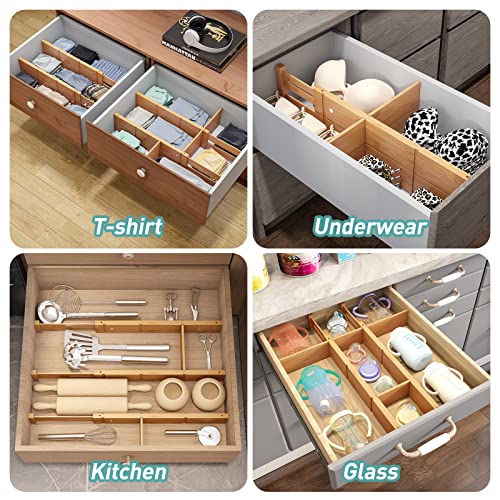 Vriccc Bamboo Drawer Dividers, 8 Drawer Dividers with 16 Inserts, Stackable IN Deep Drawers, Kitchen Adjustable Drawer Organizers, Expandable Organization for Home, Office, Dressers, and Bathroom