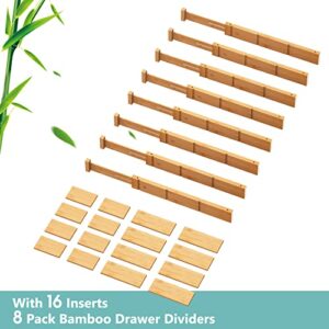 Vriccc Bamboo Drawer Dividers, 8 Drawer Dividers with 16 Inserts, Stackable IN Deep Drawers, Kitchen Adjustable Drawer Organizers, Expandable Organization for Home, Office, Dressers, and Bathroom