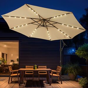 wikiwiki 10ft solar led offset hanging market patio umbrella for backyard, poolside, lawn and garden,easy tilt adjustment, polyester shade & cross base(beige)