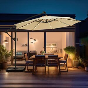 wikiwiki 10ft Solar LED Offset Hanging Market Patio Umbrella for Backyard, Poolside, Lawn and Garden,Easy Tilt Adjustment, Polyester Shade & Cross Base(Beige)