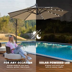 wikiwiki 10ft Solar LED Offset Hanging Market Patio Umbrella for Backyard, Poolside, Lawn and Garden,Easy Tilt Adjustment, Polyester Shade & Cross Base(Beige)