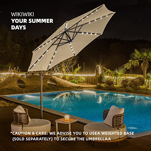 wikiwiki 10ft Solar LED Offset Hanging Market Patio Umbrella for Backyard, Poolside, Lawn and Garden,Easy Tilt Adjustment, Polyester Shade & Cross Base(Beige)