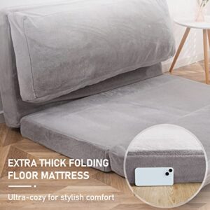 MAXYOYO Bean Bag Bed Folding Sofa Bed Floor Mattress for Adults, Extra Thick and Long Floor Sofa with Faux Fur Washable Cover, Single Floor Couch Bed for Bedroom Living Room, Grey, 30x95 Inch