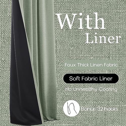 Sage Green Blackout Curtains 84 Inch Length 2 Panels Set for Bedroom Linen Aesthetic Boho Greyish Light Green Window Room Darkening Curtains for Living Room Kids Boys Room,Back Tab Pleated,84 In Long