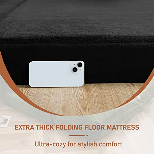 MAXYOYO Bean Bag Bed Folding Sofa Bed Floor Mattress for Adults, Extra Thick and Long Floor Sofa with Faux Fur Washable Cover, Single Floor Couch Bed for Bedroom Living Room, Black, 30x95 Inch