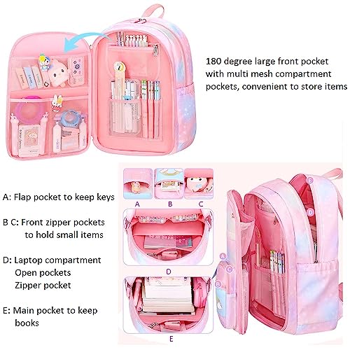 ETAISHOW Heart-Print Kawaii Girls Backpack for Elementary School Kids Bookbag with Compartments Cute Student Backpack for Girls