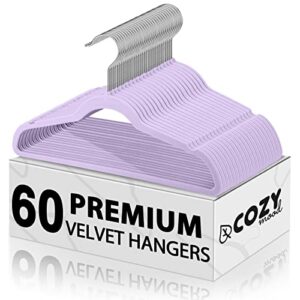 cozymood purple velvet hangers felt hangers 60 pack, thin hangers non slip clothes hangers velvet, premium flocked hangers with 360 degree rotatable hook, durable velvet shirt hangers for adult