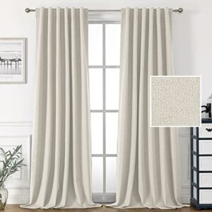 h.versailtex 100% blackout faux linen curtains for bedroom 96 inch full light blocking drapes with double face linen back tab loop pocket textured burlap curtains for living room 2 panels, ivory