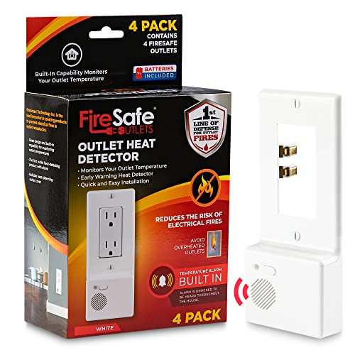 FireSafe Outlets Heat Detectors (Decora), 4-Pack of Heat-Detecting Outlet Covers Monitor Outlets for Possible Unknown Electrical Fires - Loud 85 dB Alarms Alert You of Danger (White)