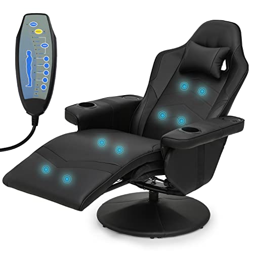 MoNiBloom Massage Gaming Chair with Speakers Video Game Chair Single Bedroom Sofa Recliner High-Back Comfy Gaming Couch with Footrest and Storage Bag Swivel Home Theater Seating with Cupholder, Black