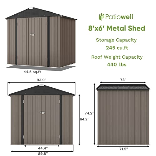 Patiowell Outdoor Storage Shed 8x6 FT, Garden Tool Storage Shed with Sloping Roof and Double Lockable Door, Outdoor Shed for Backyard Garden Patio Lawn, Brown