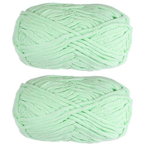 HARFINGTON 2Skeins Chenille Yarn Velvet Blanket Yarn 2x100g/7.1oz #6 Super Bulky Polyester Soft Knitting for Crochet Weaving Bag Scarf Hat, Light Green