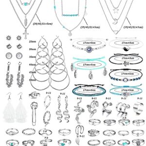 ORAZIO 52 Pcs Jewelry Sets for Women Layered Necklace Adjustable Braided Bracelets Set Dangle Stud Hoop Earrings CZ Stackable Knuckle Ring Set Fashion Ear Cuff Set Silver Gold Women's Jewelry Sets(Silver)