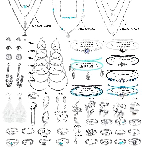 ORAZIO 52 Pcs Jewelry Sets for Women Layered Necklace Adjustable Braided Bracelets Set Dangle Stud Hoop Earrings CZ Stackable Knuckle Ring Set Fashion Ear Cuff Set Silver Gold Women's Jewelry Sets(Silver)