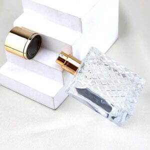 Enslz 100ml/3.4Oz Clear Glass Fine Mist Atomizer,Portable Square Refillable Empty Perfum Spray Bottle Travel Atomizer Bottle Gold Cap