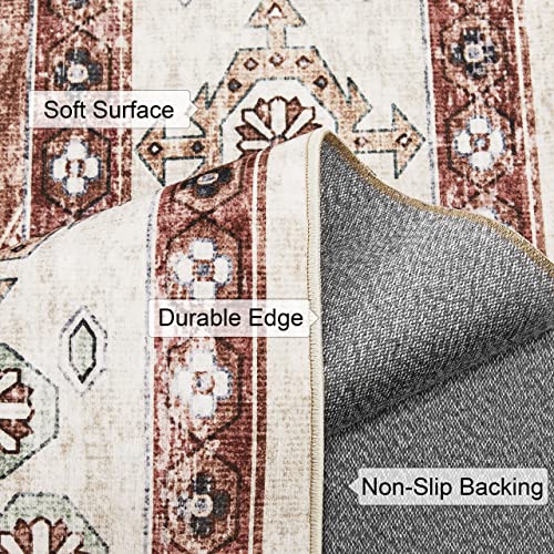 Area Rug Living Room Rugs - 9x12 Large Machine Washable Boho Carpets Vintage Persian Tribal Anti Slip Backing Thin Carpet for Under Dining Table Bedroom Farmhouse Home Office Red