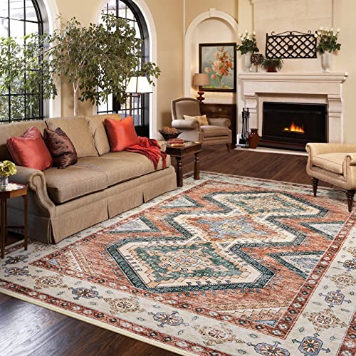 Area Rug Living Room Rugs - 9x12 Large Machine Washable Boho Carpets Vintage Persian Tribal Anti Slip Backing Thin Carpet for Under Dining Table Bedroom Farmhouse Home Office Red