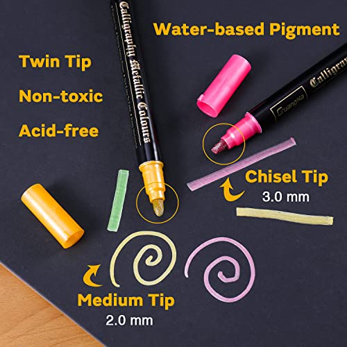 Sunshilor Calligraphy Metallic Marker Pens Dual Tip Chisel and Medium Point Pens for Black Paper, Rock Painting, Easter Egg, Halloween Pumpkin, Card Making, Metal, Ceramics, Wine Glass